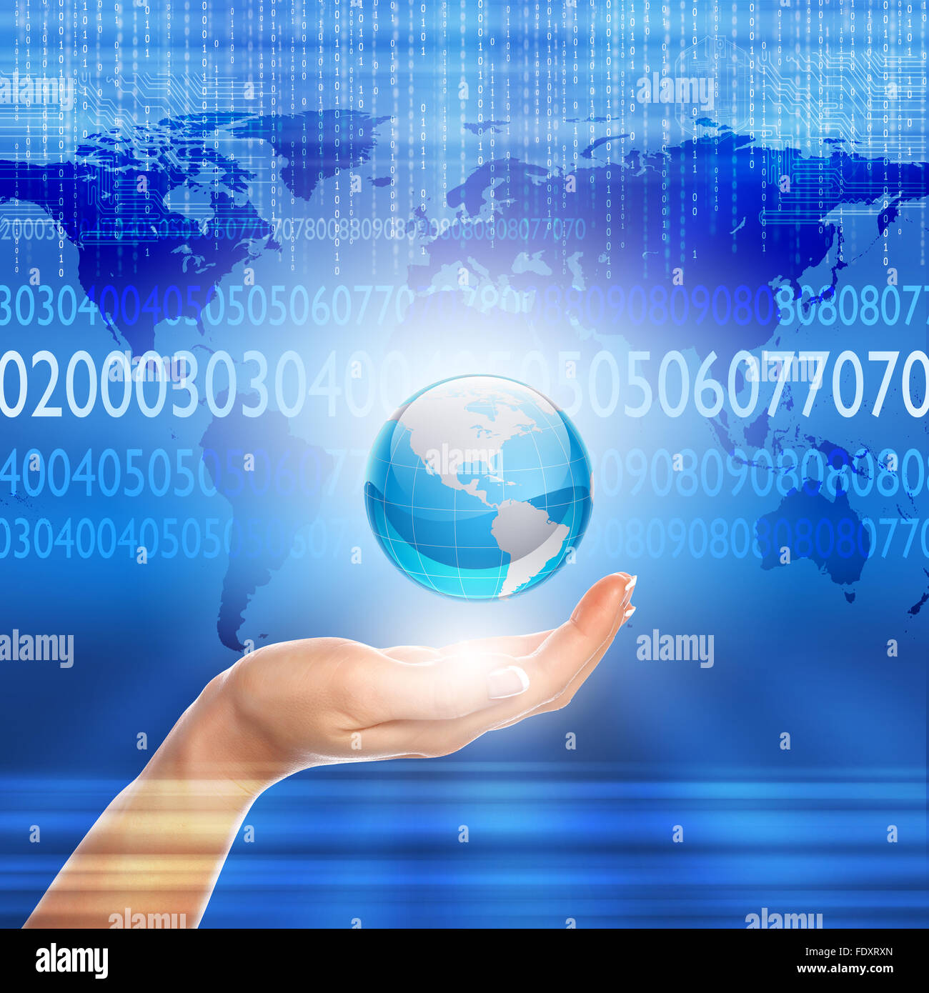 human hand holding our planet against high-tech background Stock Photo ...