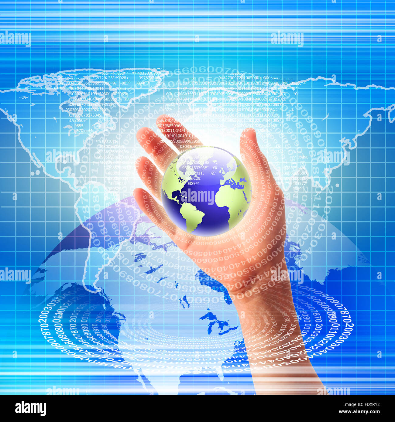 human hand holding our planet against high-tech background Stock Photo ...