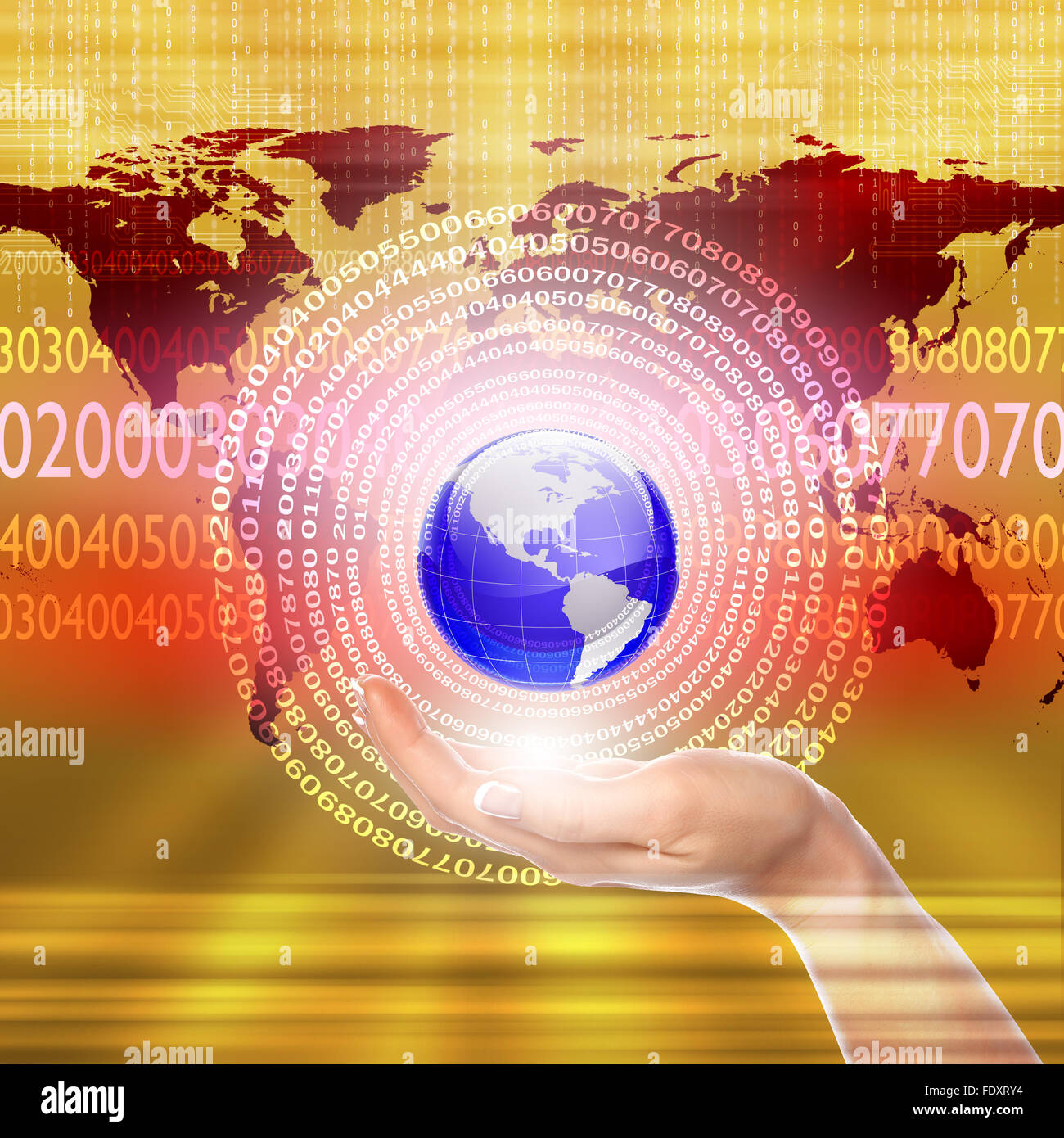 human hand holding our planet against high-tech background Stock Photo ...