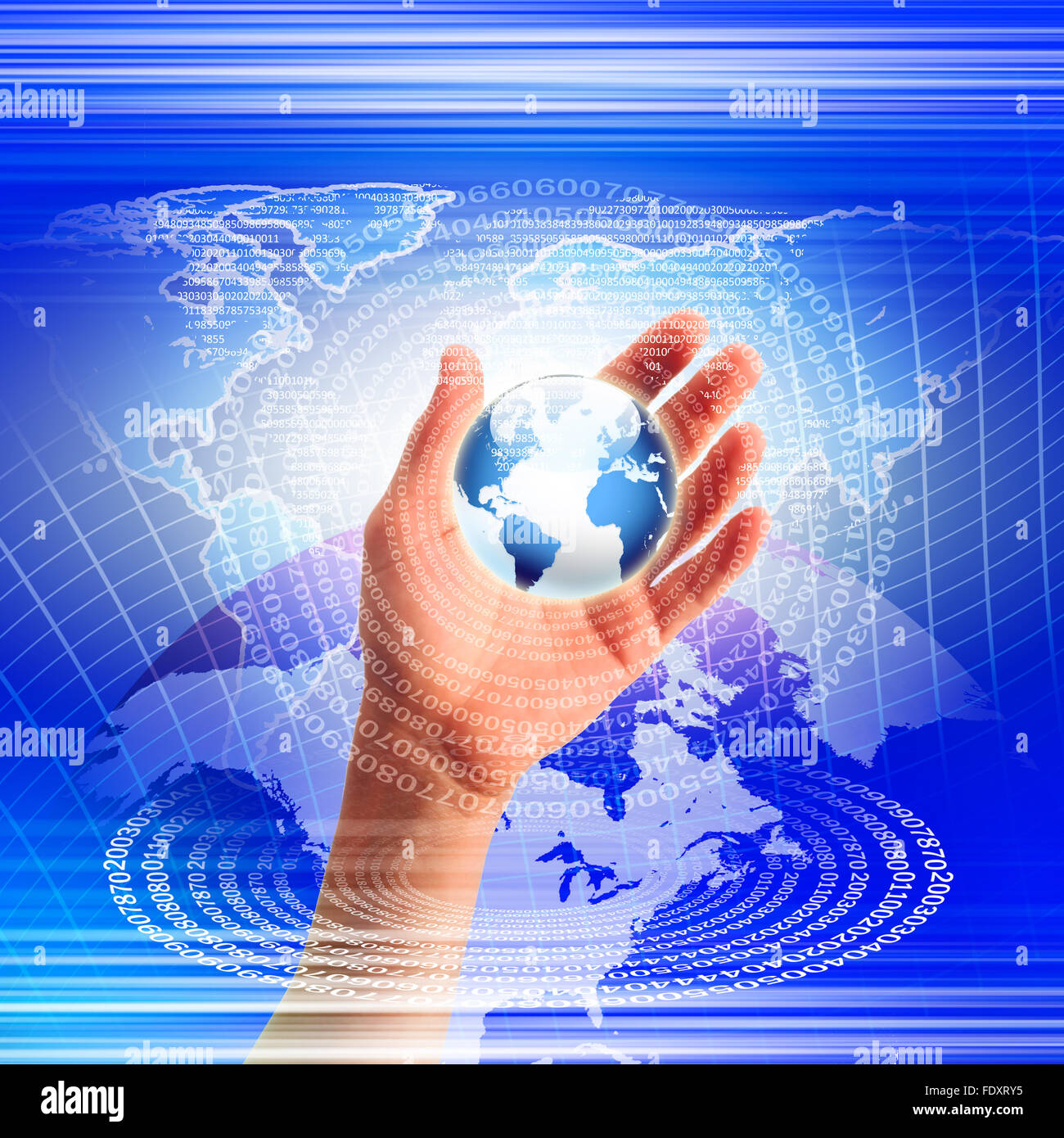 human hand holding our planet against high-tech background Stock Photo ...