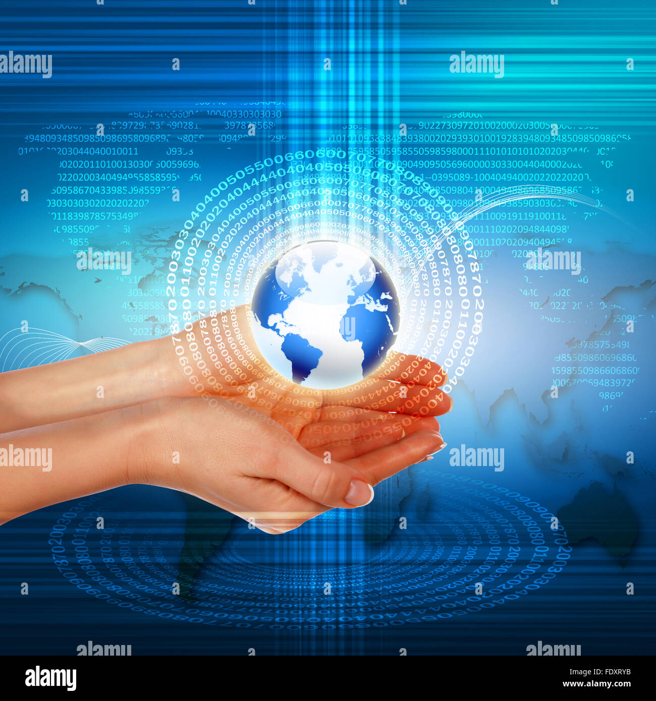 human hand holding our planet against high-tech background Stock Photo ...