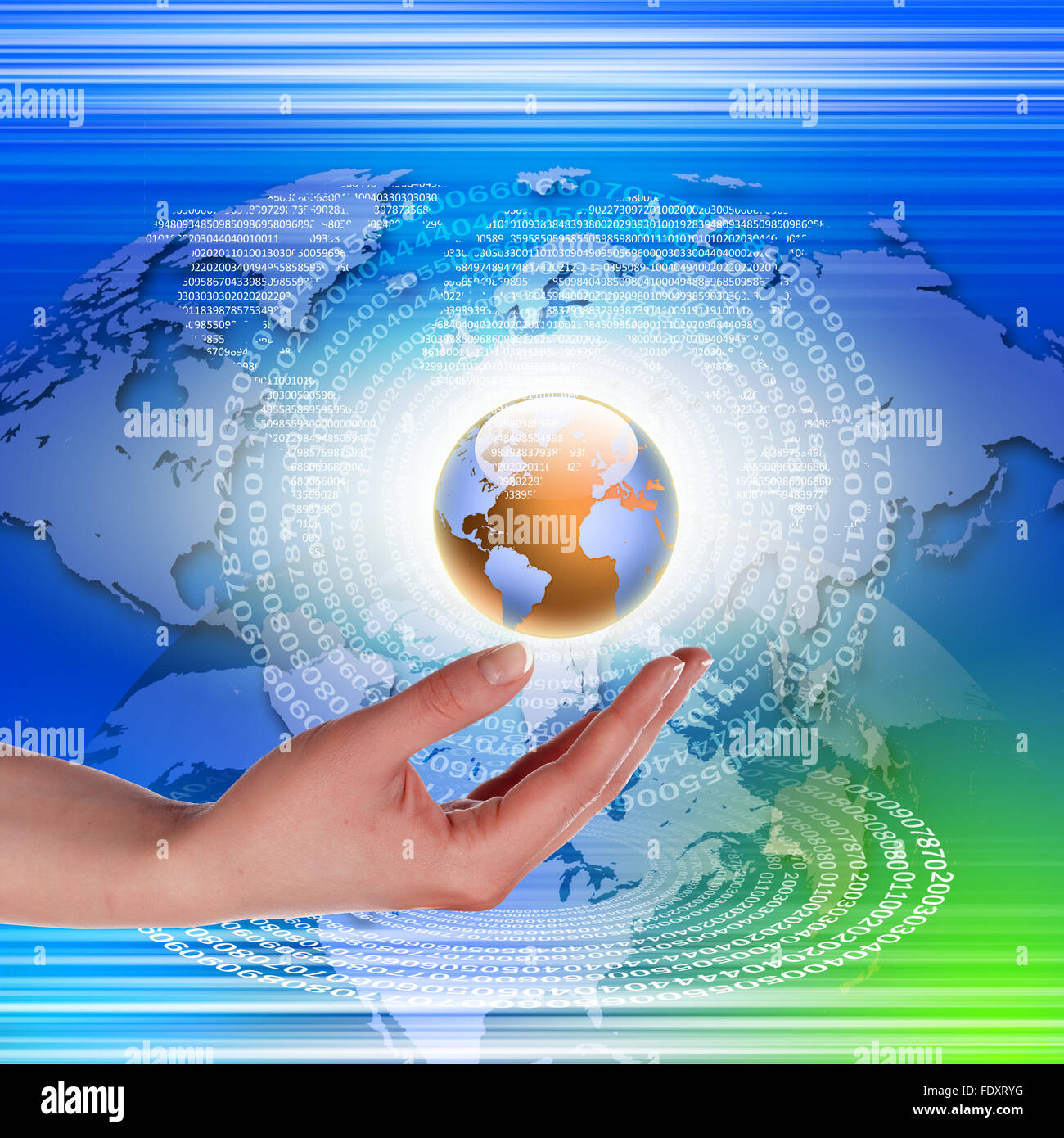 human hand holding our planet against high-tech background Stock Photo ...