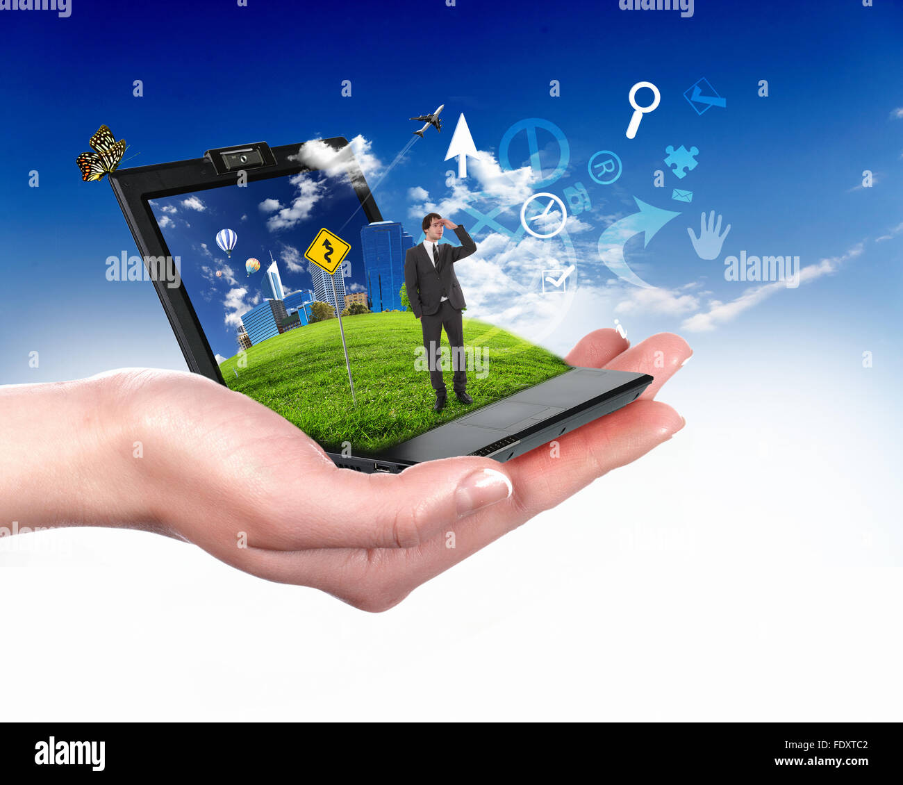 human hand holding notebook and nature landscape in it Stock Photo - Alamy