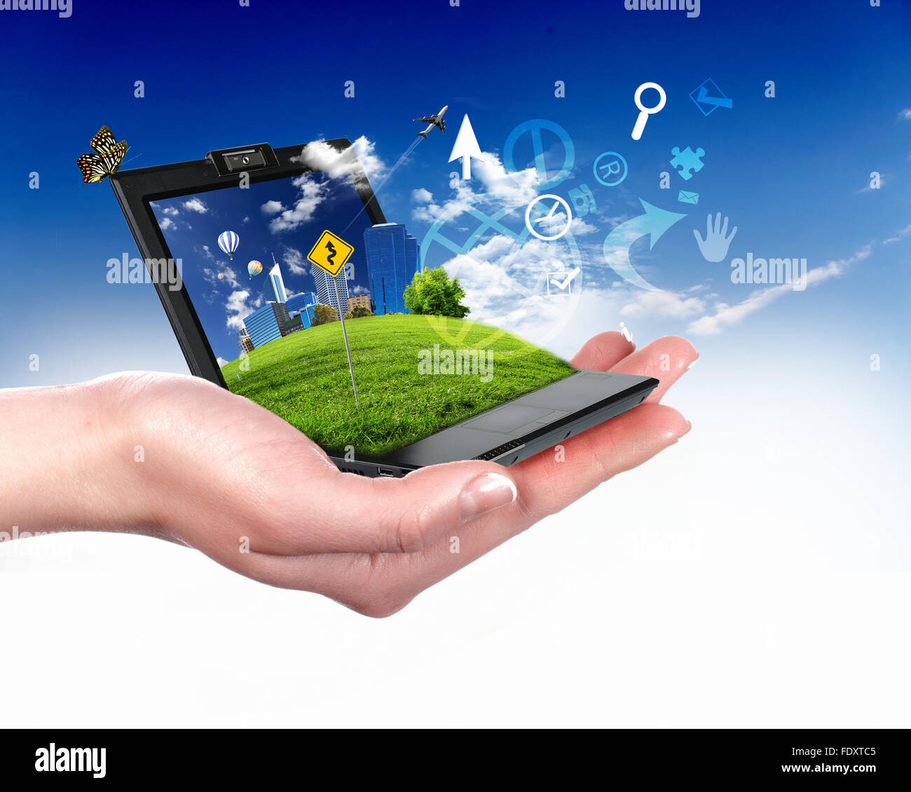 human hand holding notebook and nature landscape in it Stock Photo - Alamy