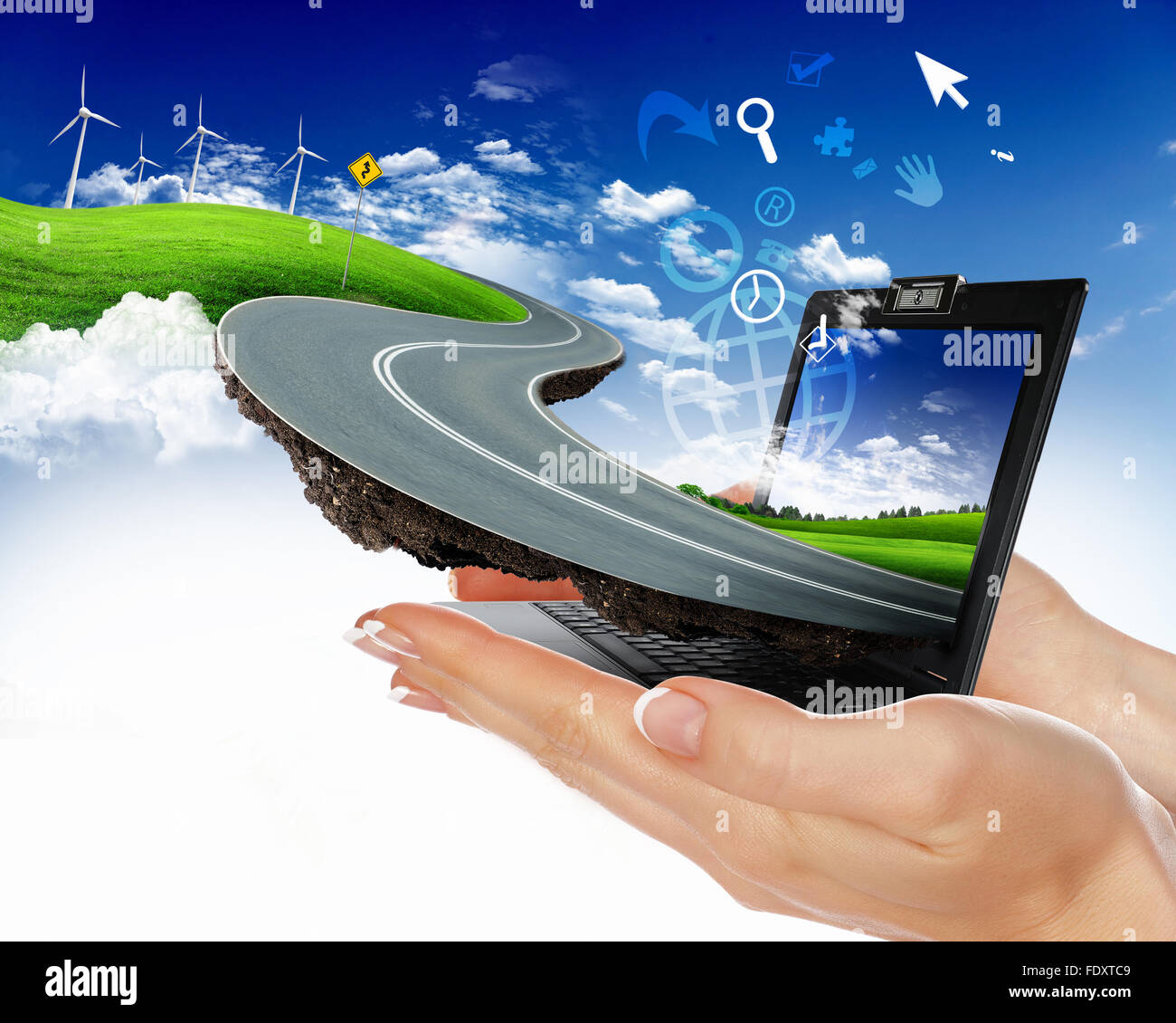 human hand holding notebook and nature landscape in it Stock Photo - Alamy