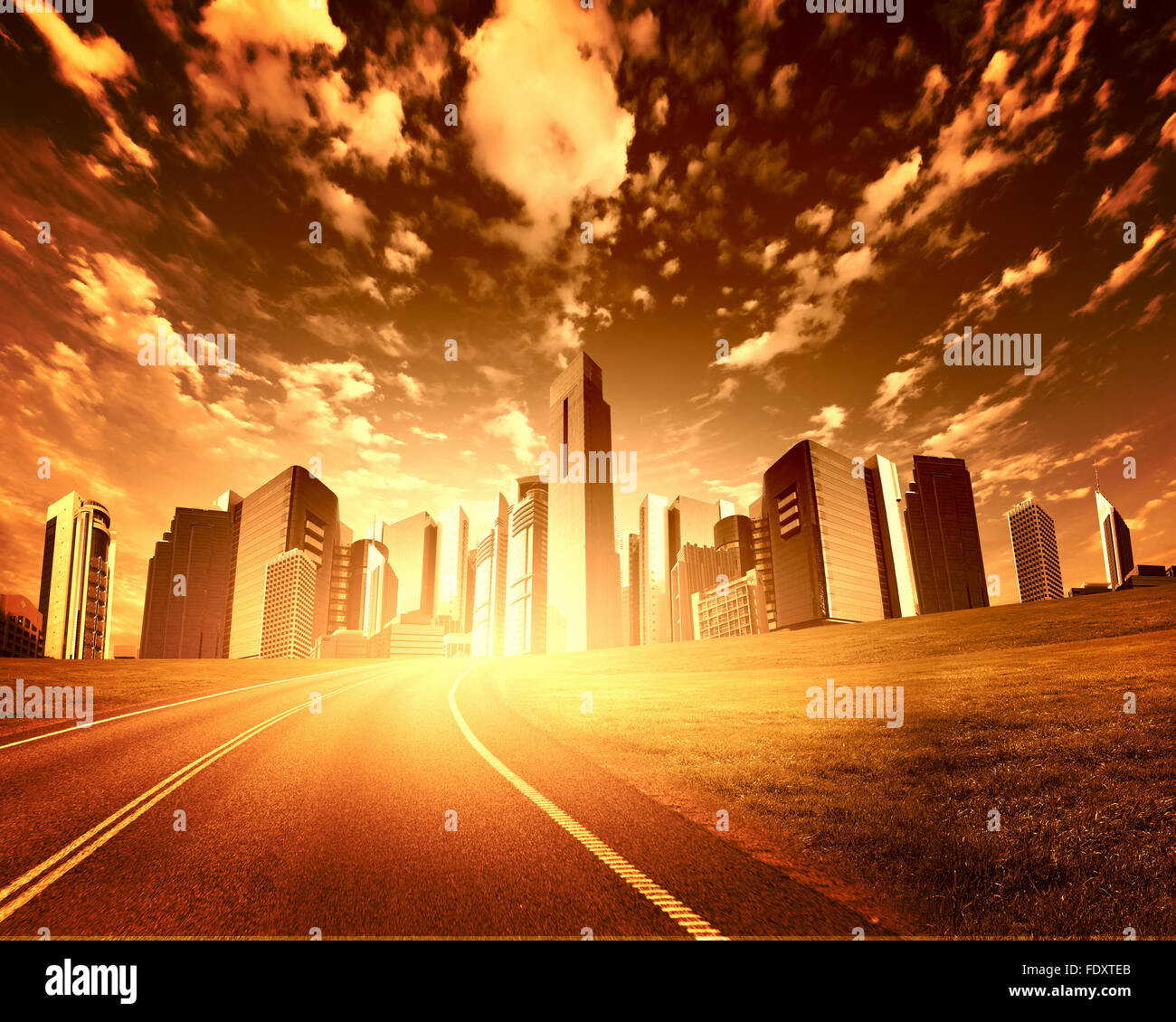 Image of a modern city and road leading to it Stock Photo - Alamy