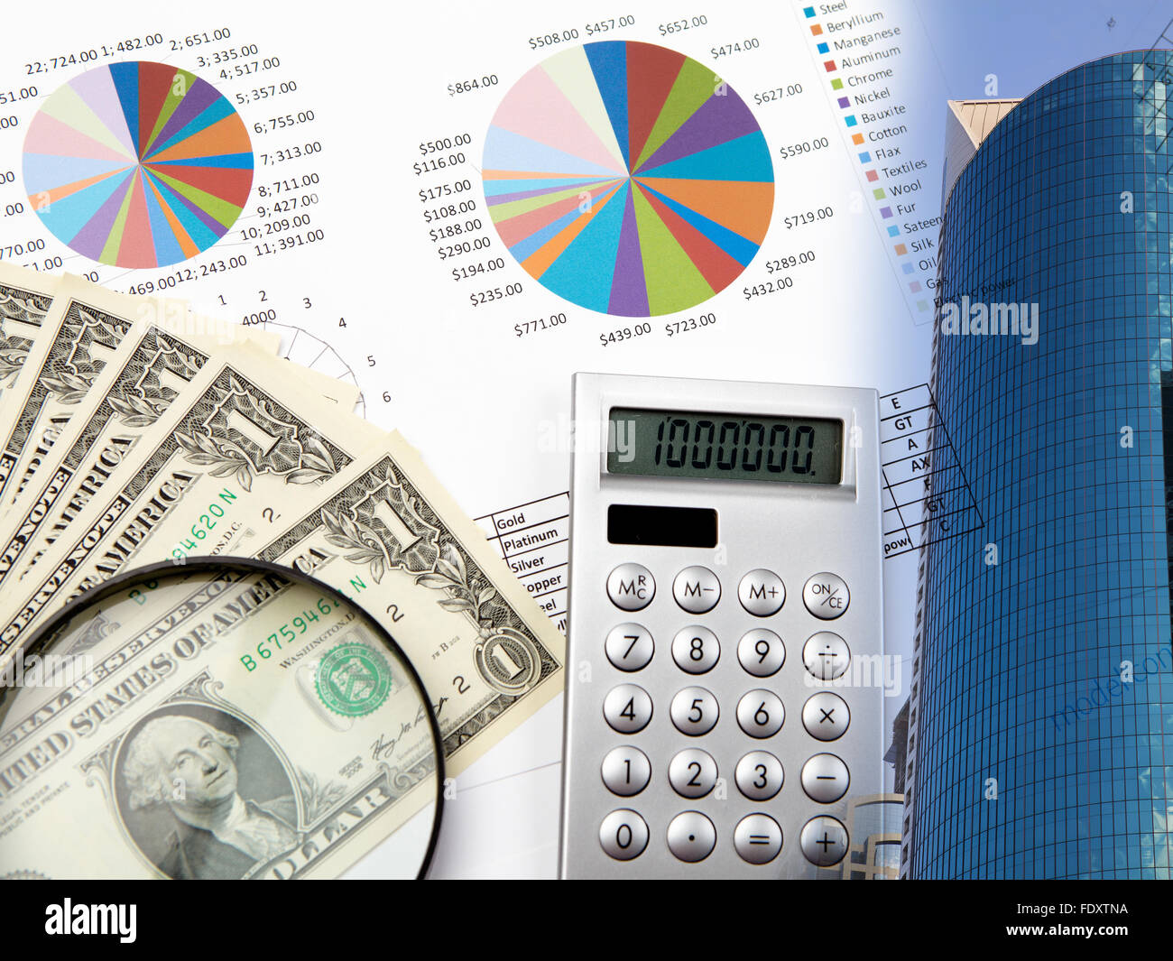 Collage of various business elements. Dollar, stocks, sky, building ...