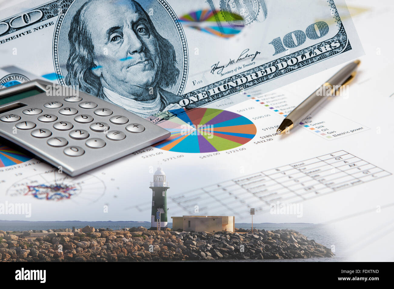 Collage of various business elements. Dollar, stocks, sky, building ...