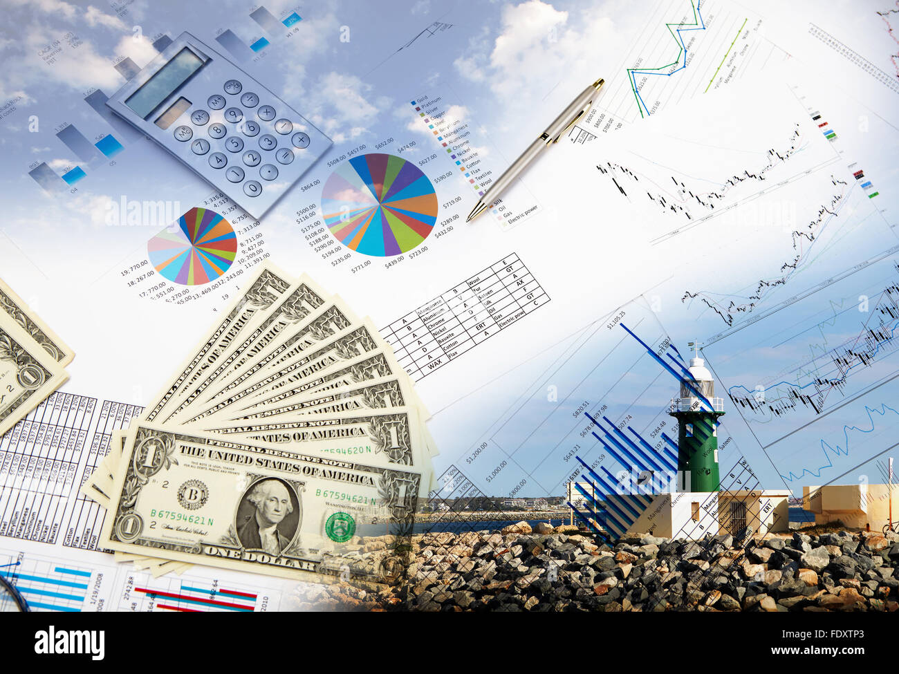 Collage of various business elements. Dollar, stocks, sky, building ...