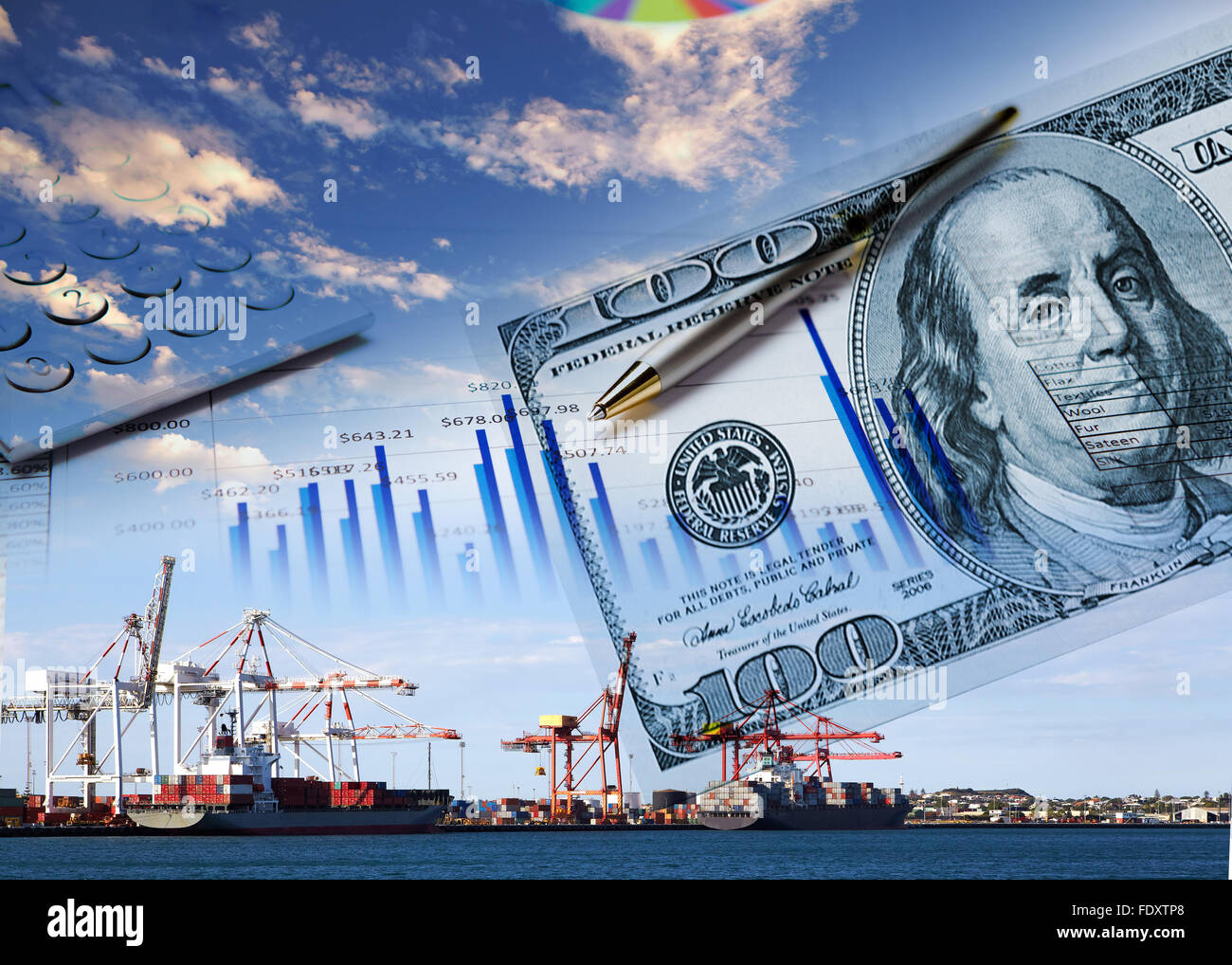 Collage of various business elements. Dollar, stocks, sky, building ...