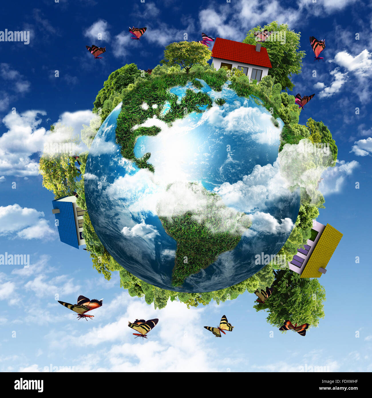 Earth with the different elements on its surface. Humorous collage ...