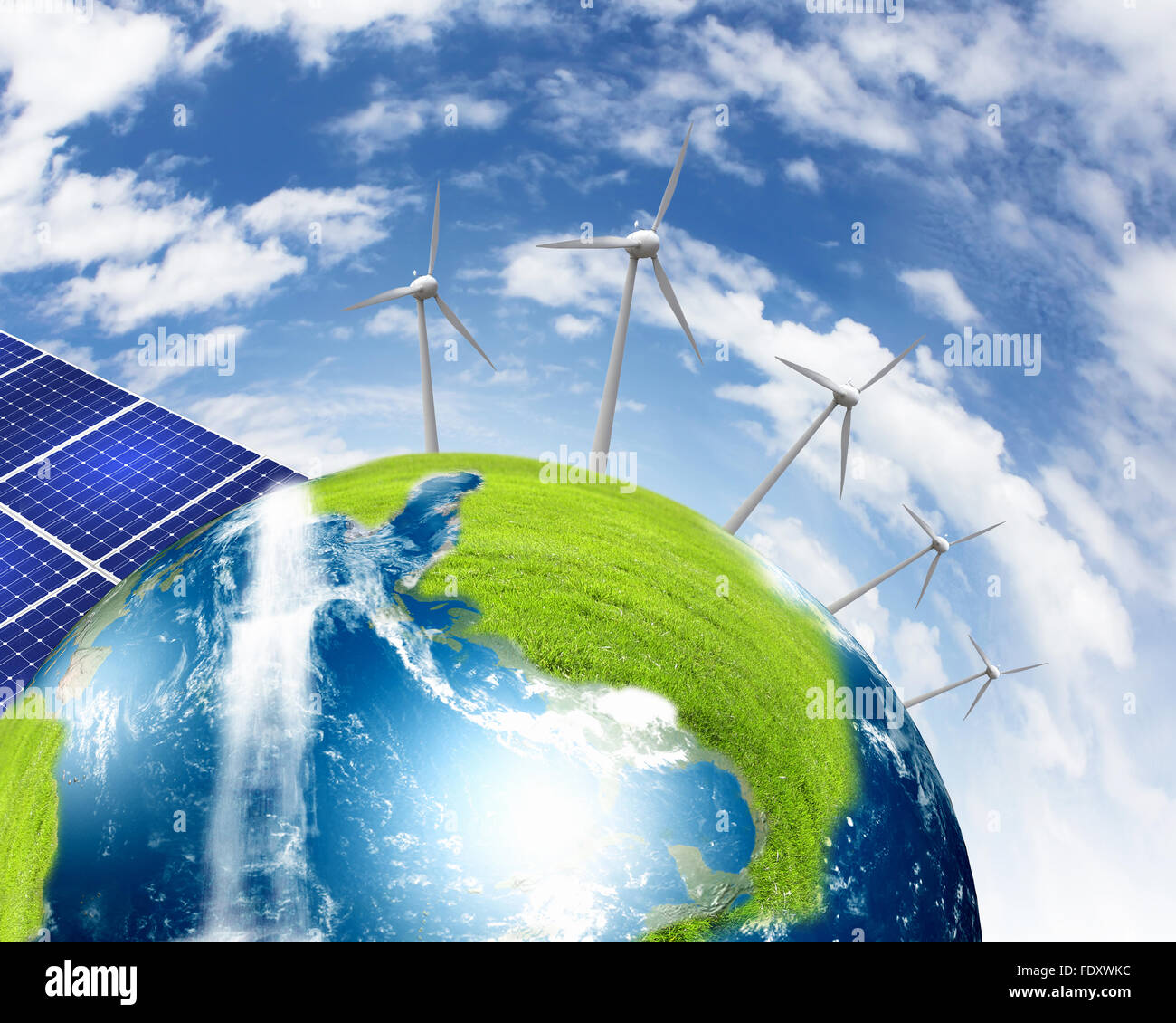 Green planet earth with solar energy batteries installed on it Stock ...