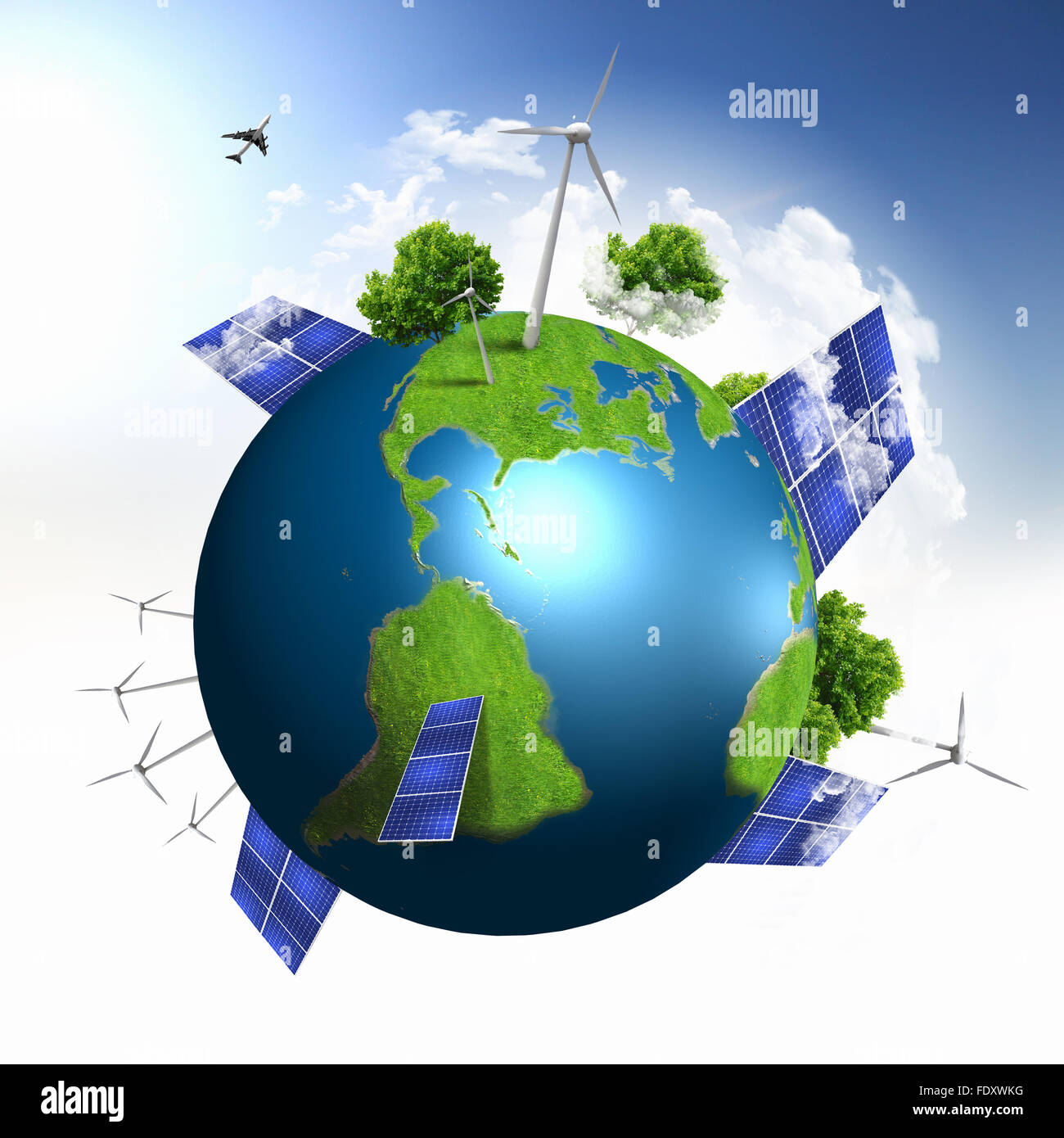 Green planet earth with solar energy batteries installed on it Stock ...