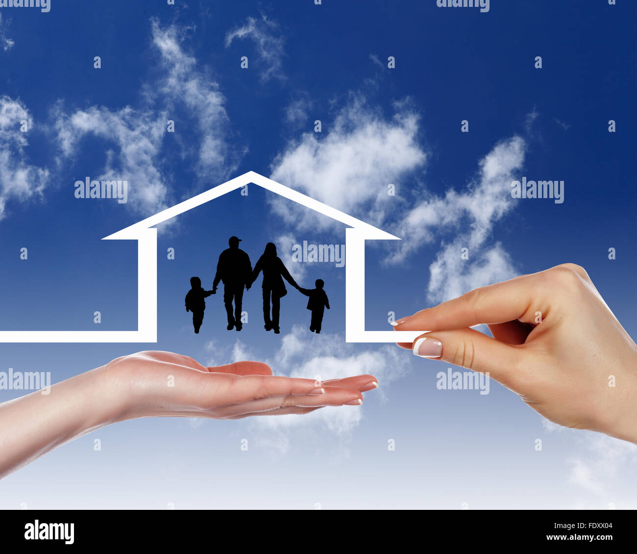 human hand and symbol of house with people inside Stock Photo - Alamy