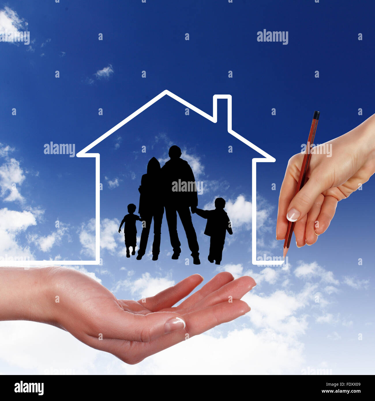 human hand and symbol of house with people inside Stock Photo - Alamy