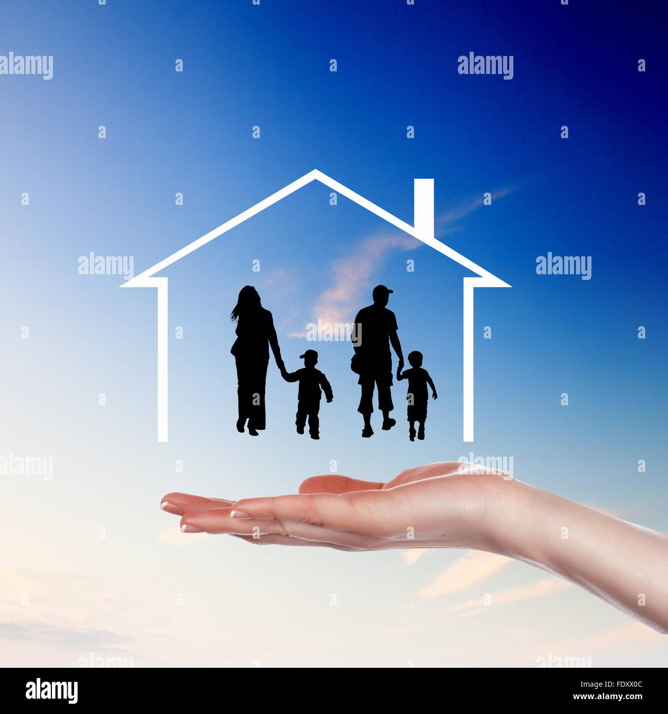 human hand and symbol of house with people inside Stock Photo - Alamy