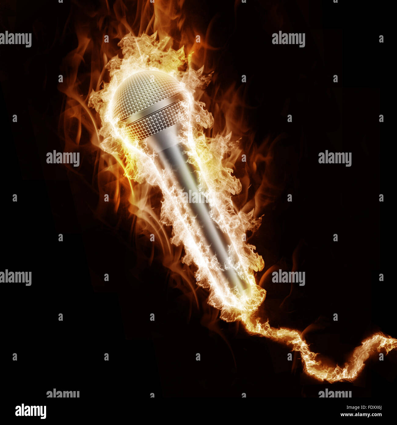 Microphone open arms fire on a black background Stock Photo - Alamy