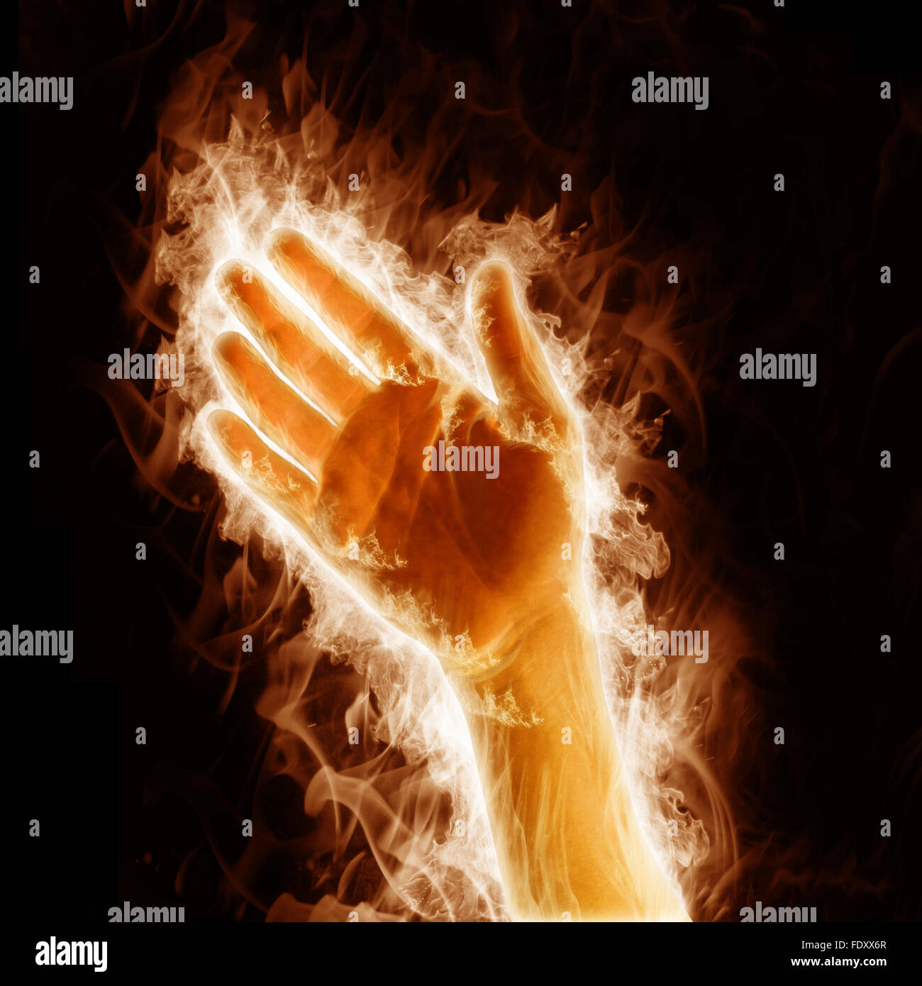 human hand open arms fire on a black background Stock Photo - Alamy