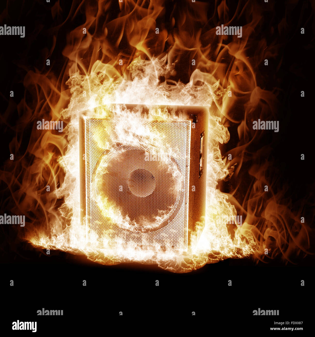 loudspeaker open arms fire on a black background Stock Photo - Alamy