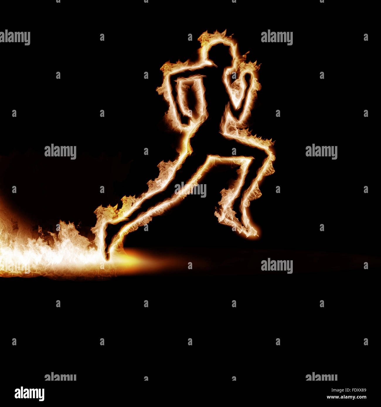 Running Man, enveloped in flames on a black background Stock Photo - Alamy