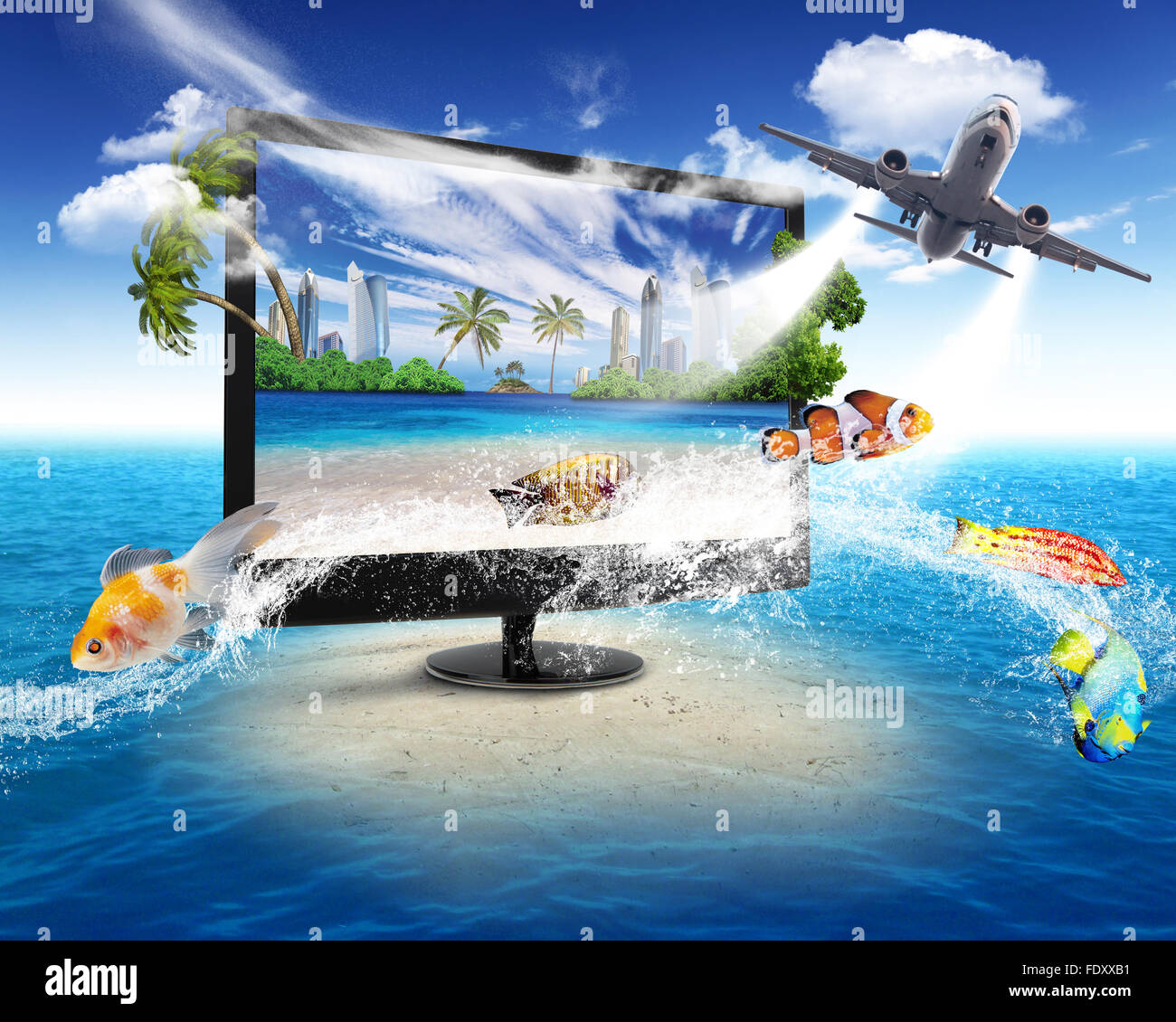 Large flat screen with nature images and nature elements inside and ...