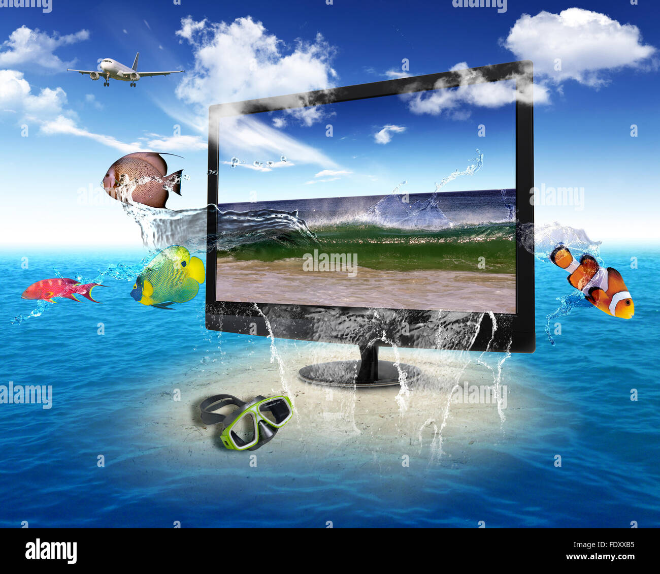 Large flat screen with nature images and nature elements inside and ...