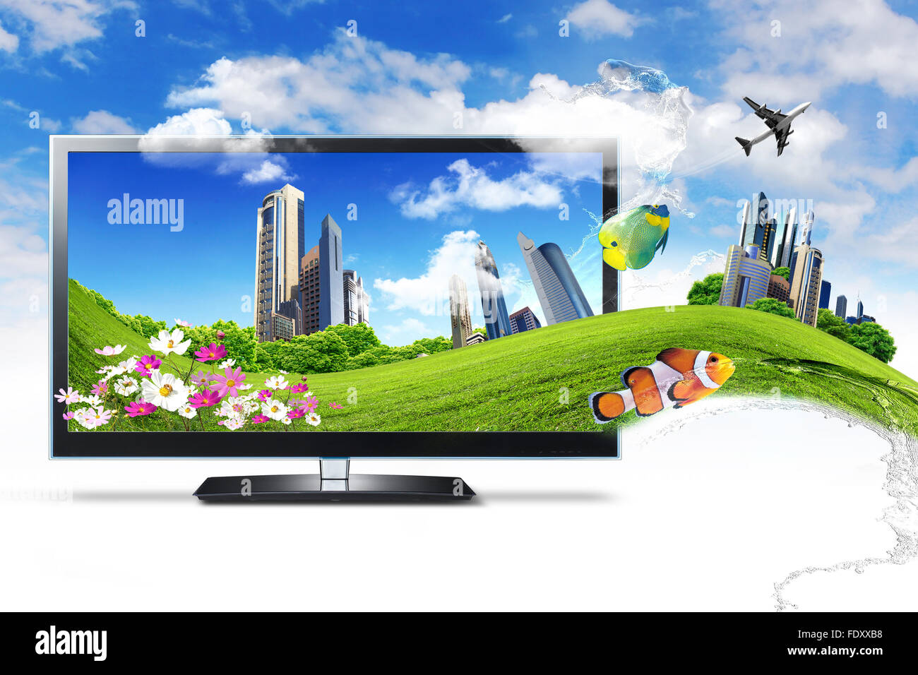 Large flat screen with nature images and nature elements inside and ...