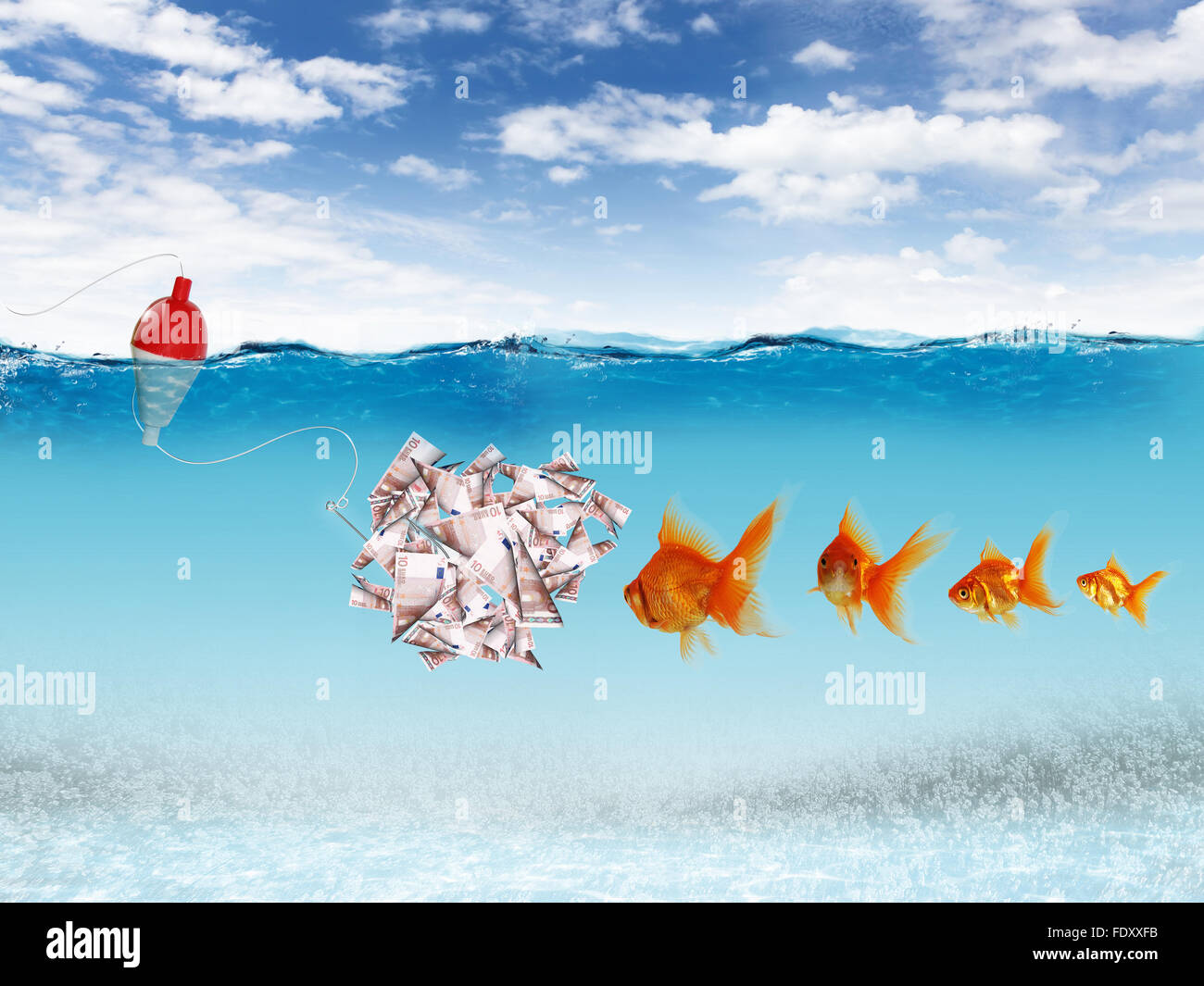Collage of swimming gold fish and money symbols Stock Photo - Alamy