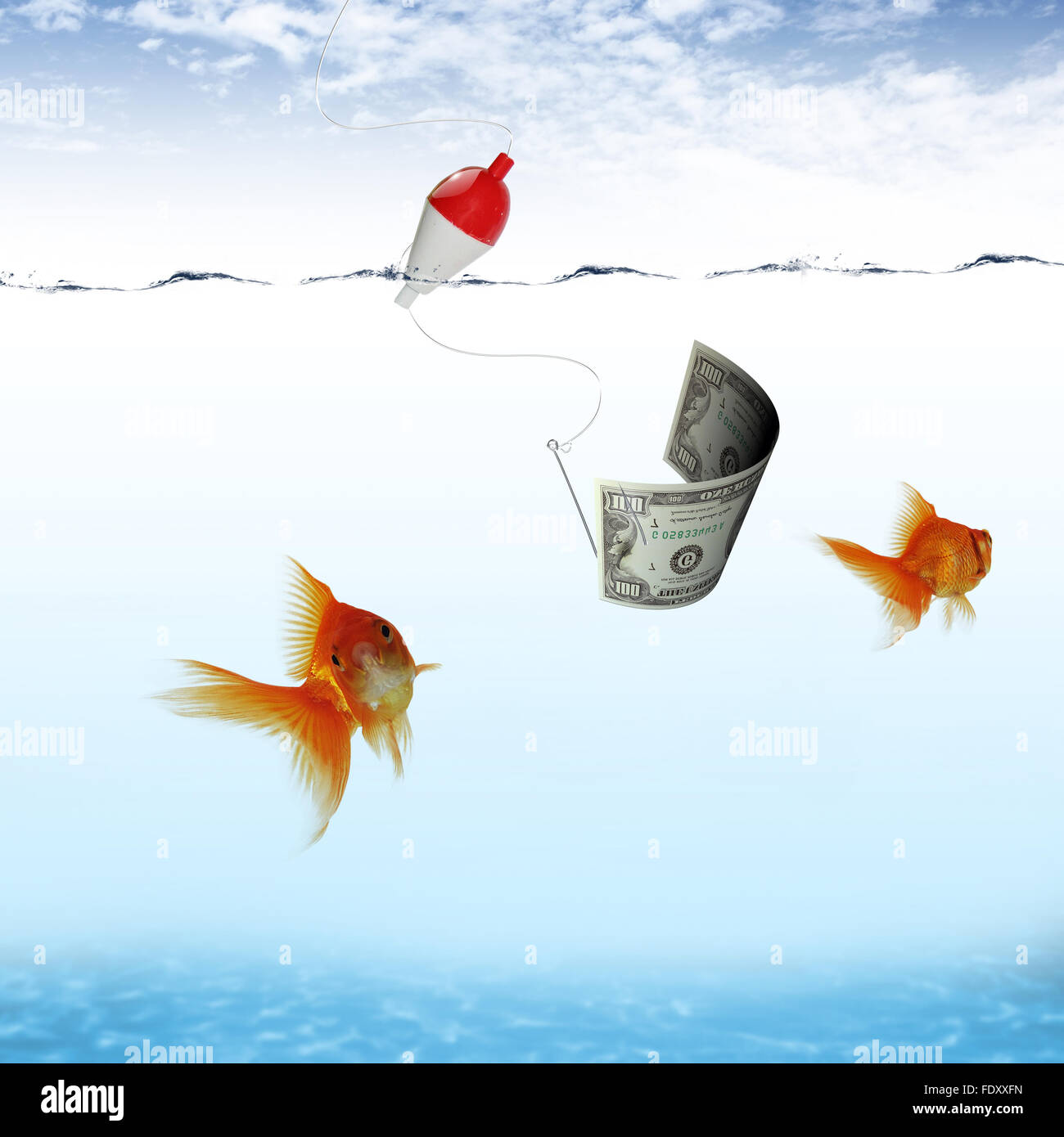 Collage of swimming gold fish and money symbols Stock Photo - Alamy