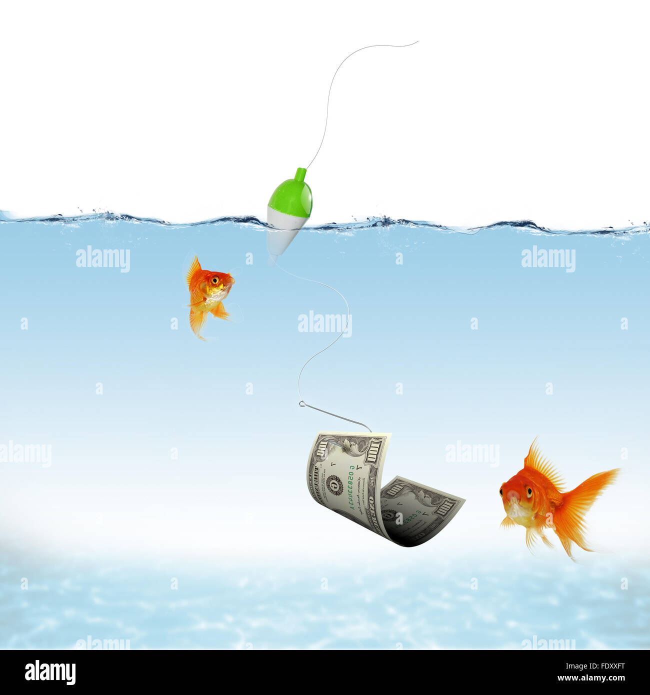 Collage of swimming gold fish and money symbols Stock Photo - Alamy