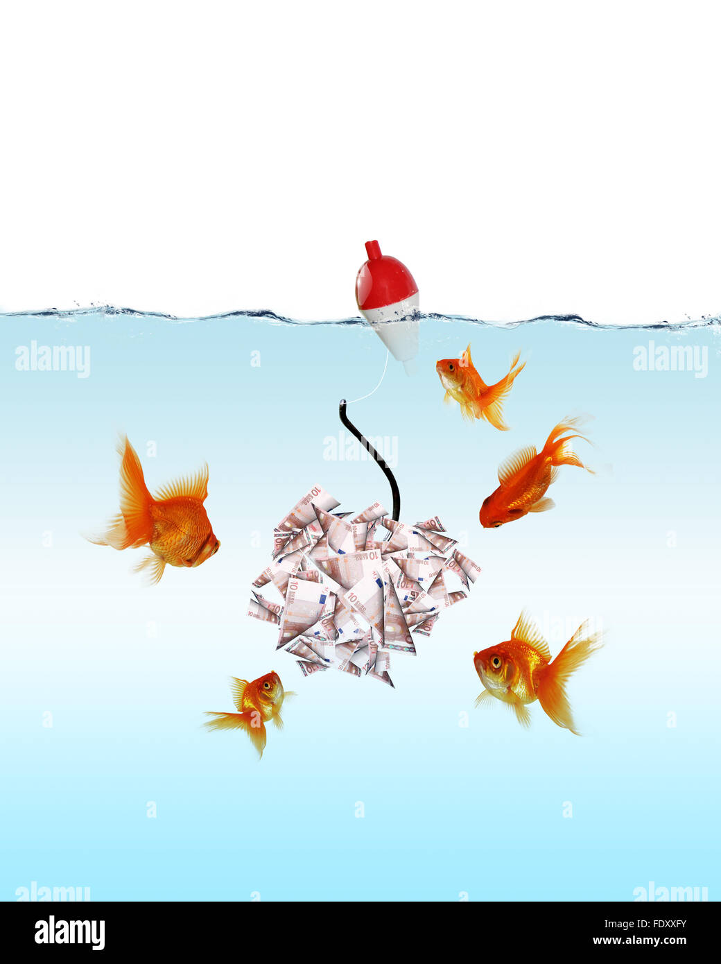 Collage of swimming gold fish and money symbols Stock Photo - Alamy