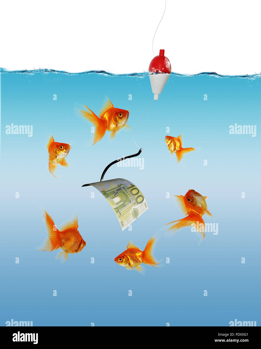 Collage of swimming gold fish and money symbols Stock Photo - Alamy