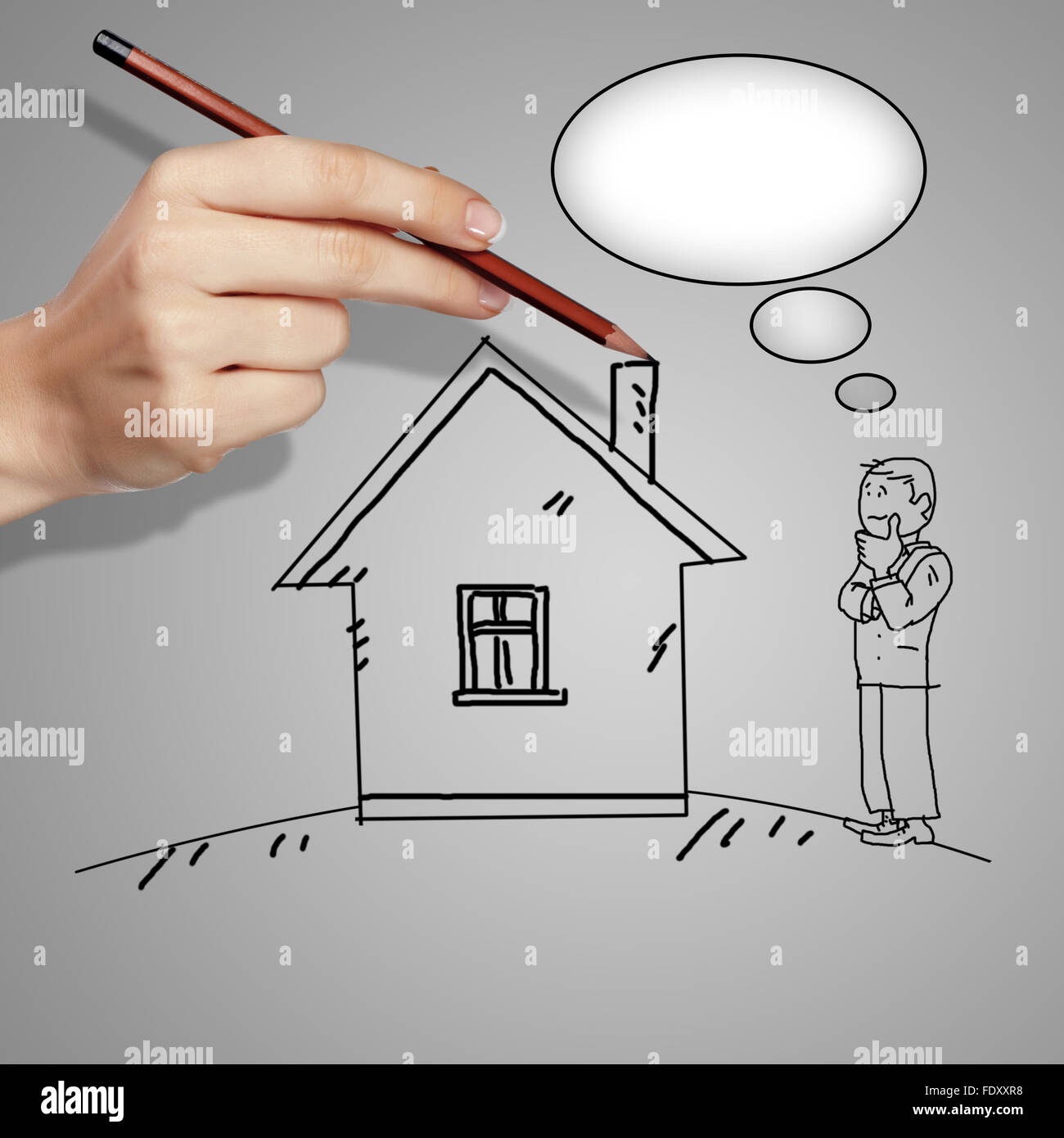 Drawing of a man standing near the house and thinking Stock Photo - Alamy
