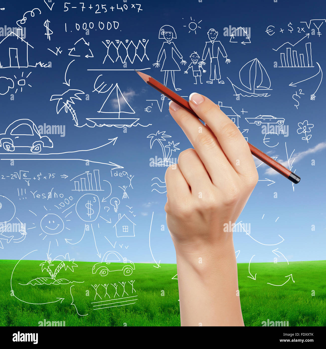 human hand drawing different pictures with pencil on the sky Stock ...
