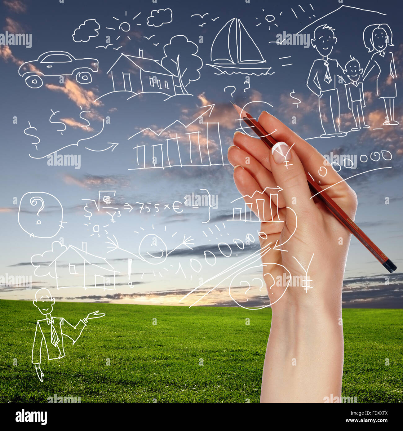 human hand drawing different pictures with pencil on the sky Stock ...