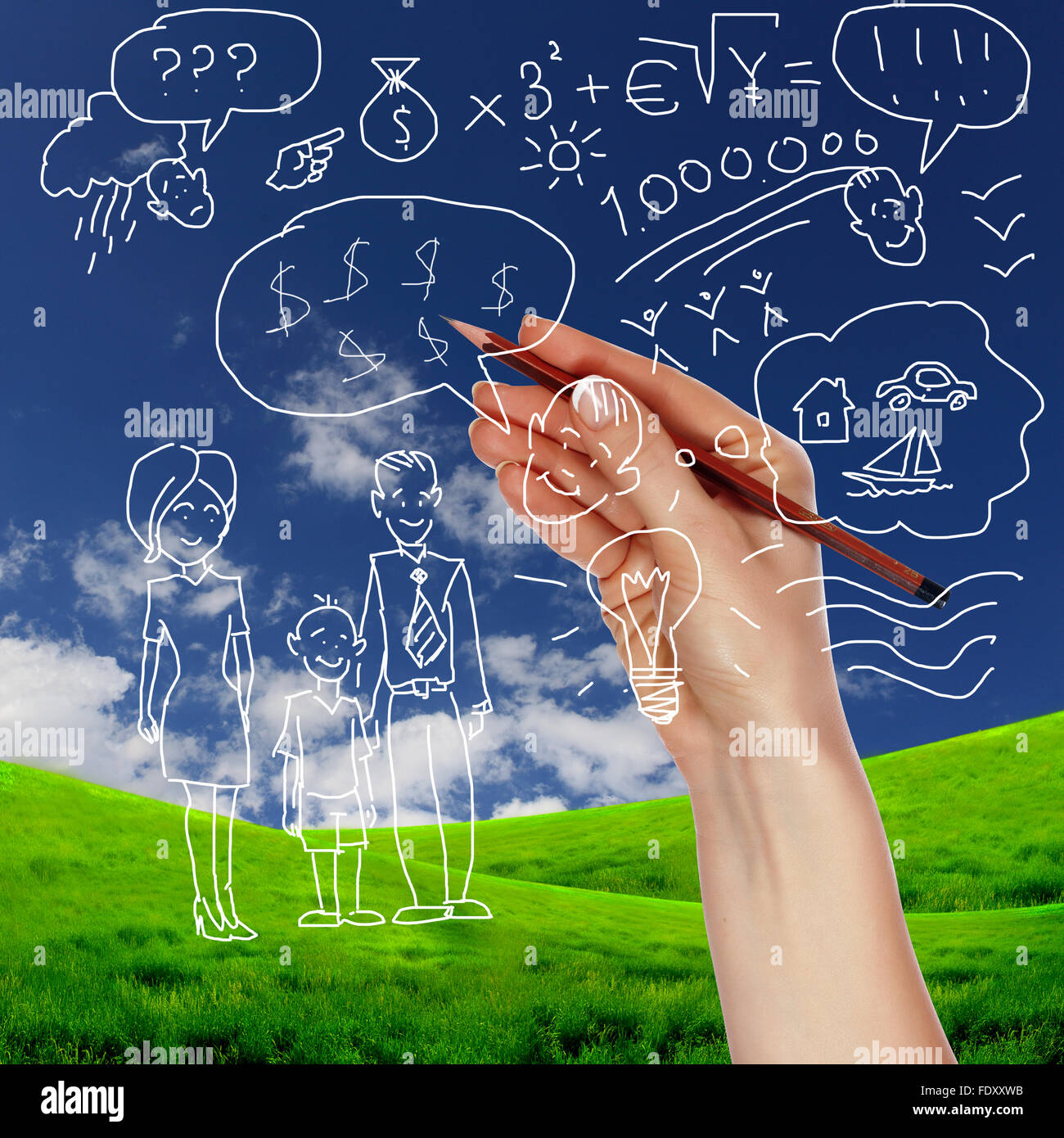 human hand drawing different pictures with pencil on the sky Stock ...