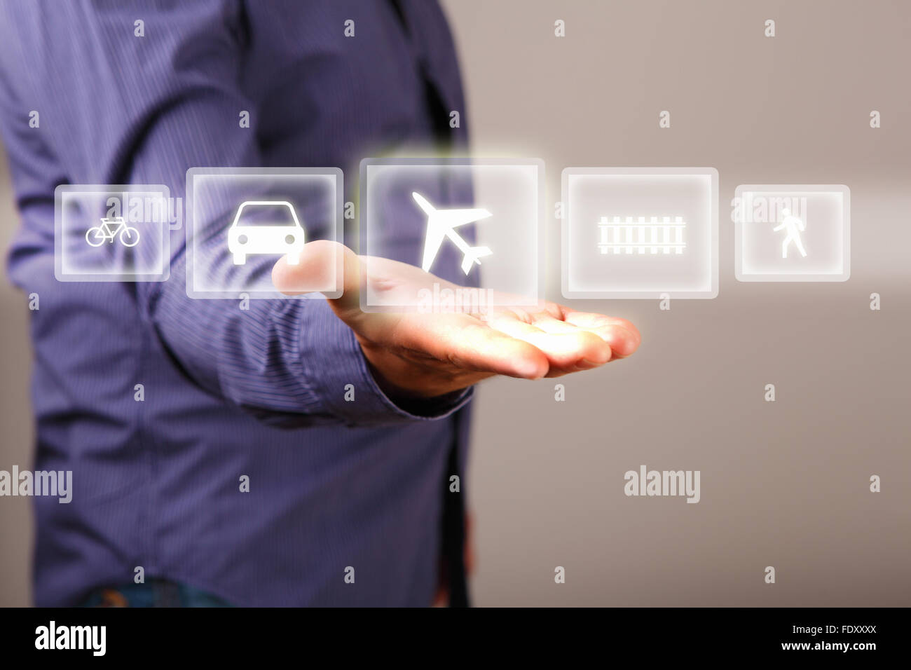 Human hand touching screen with buttons on it Stock Photo - Alamy