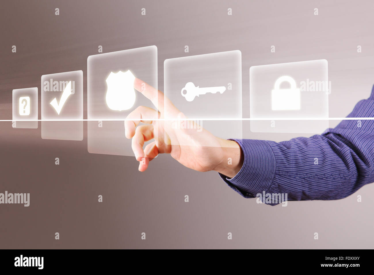 Human hand touching screen with buttons on it Stock Photo - Alamy