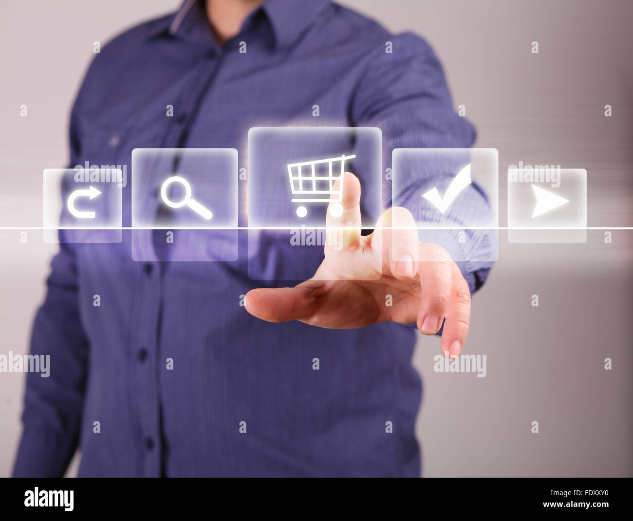 Human hand touching screen with buttons on it Stock Photo - Alamy