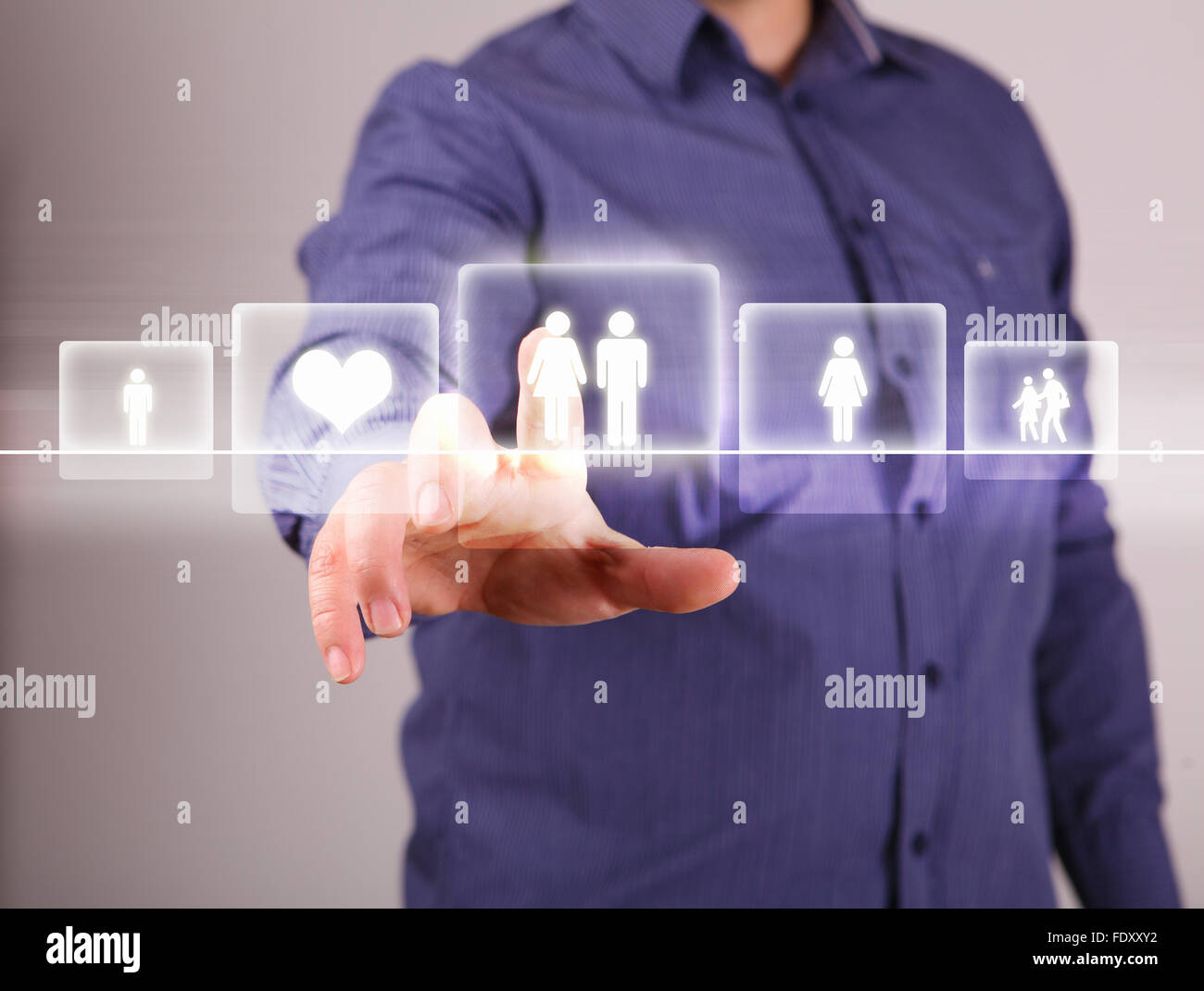 Human hand touching screen with buttons on it Stock Photo - Alamy