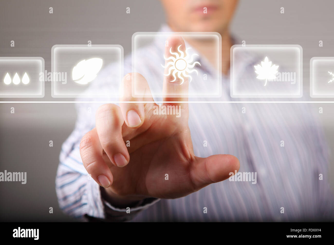 Human hand touching screen with buttons on it Stock Photo - Alamy