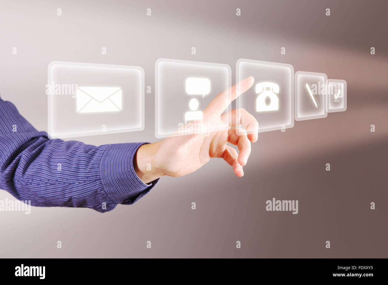Human hand touching screen with buttons on it Stock Photo - Alamy