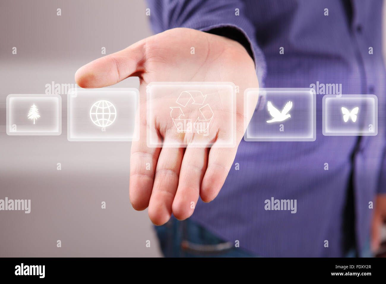 Human hand touching screen with buttons on it Stock Photo - Alamy