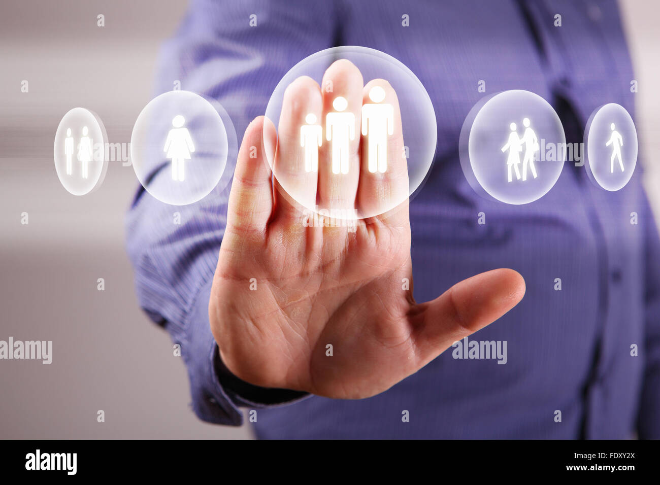 Human hand touching screen with buttons on it Stock Photo - Alamy