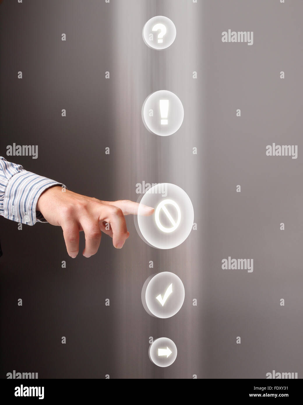 Human hand touching screen with buttons on it Stock Photo - Alamy