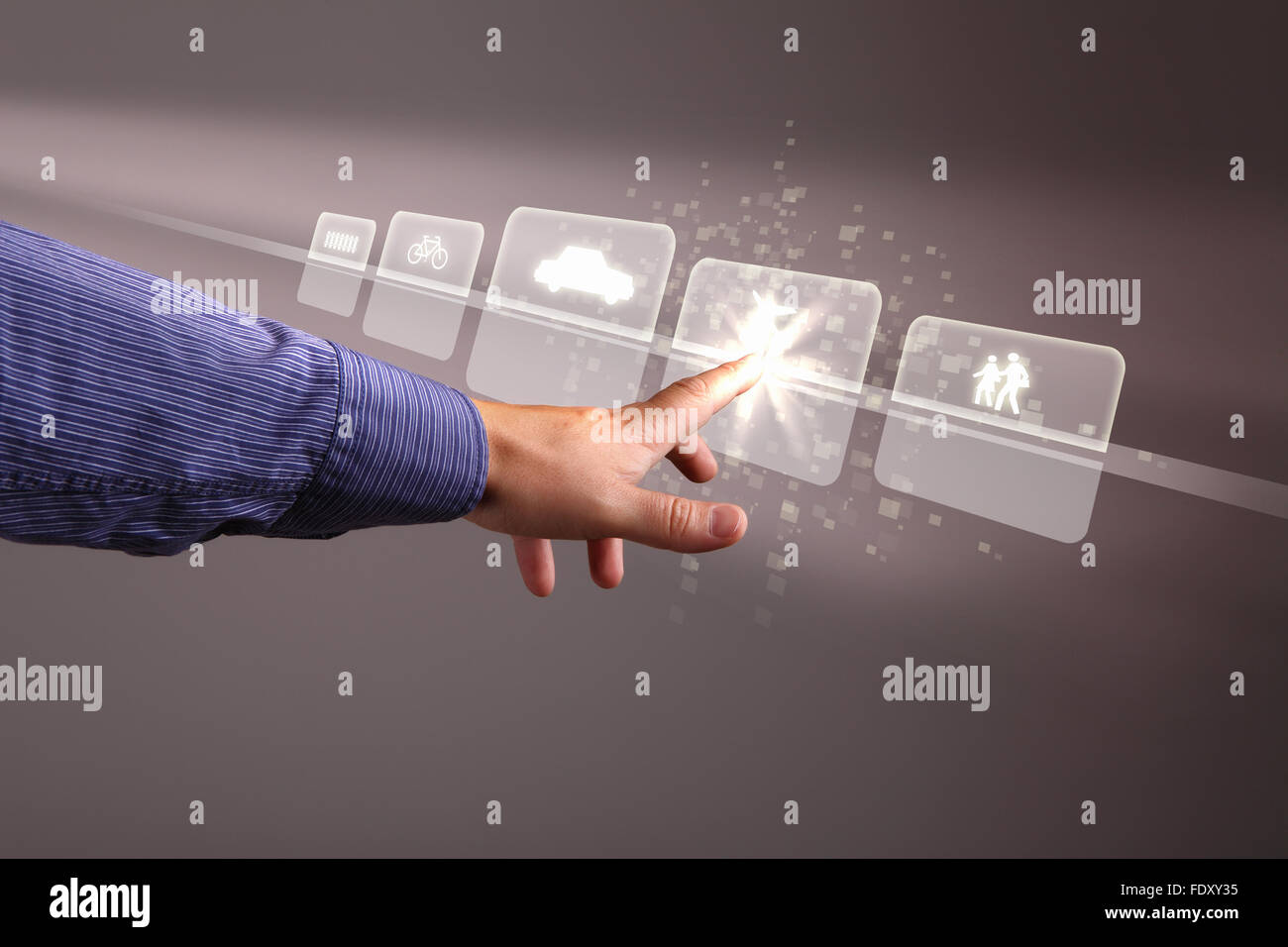 Human hand touching screen with buttons on it Stock Photo - Alamy