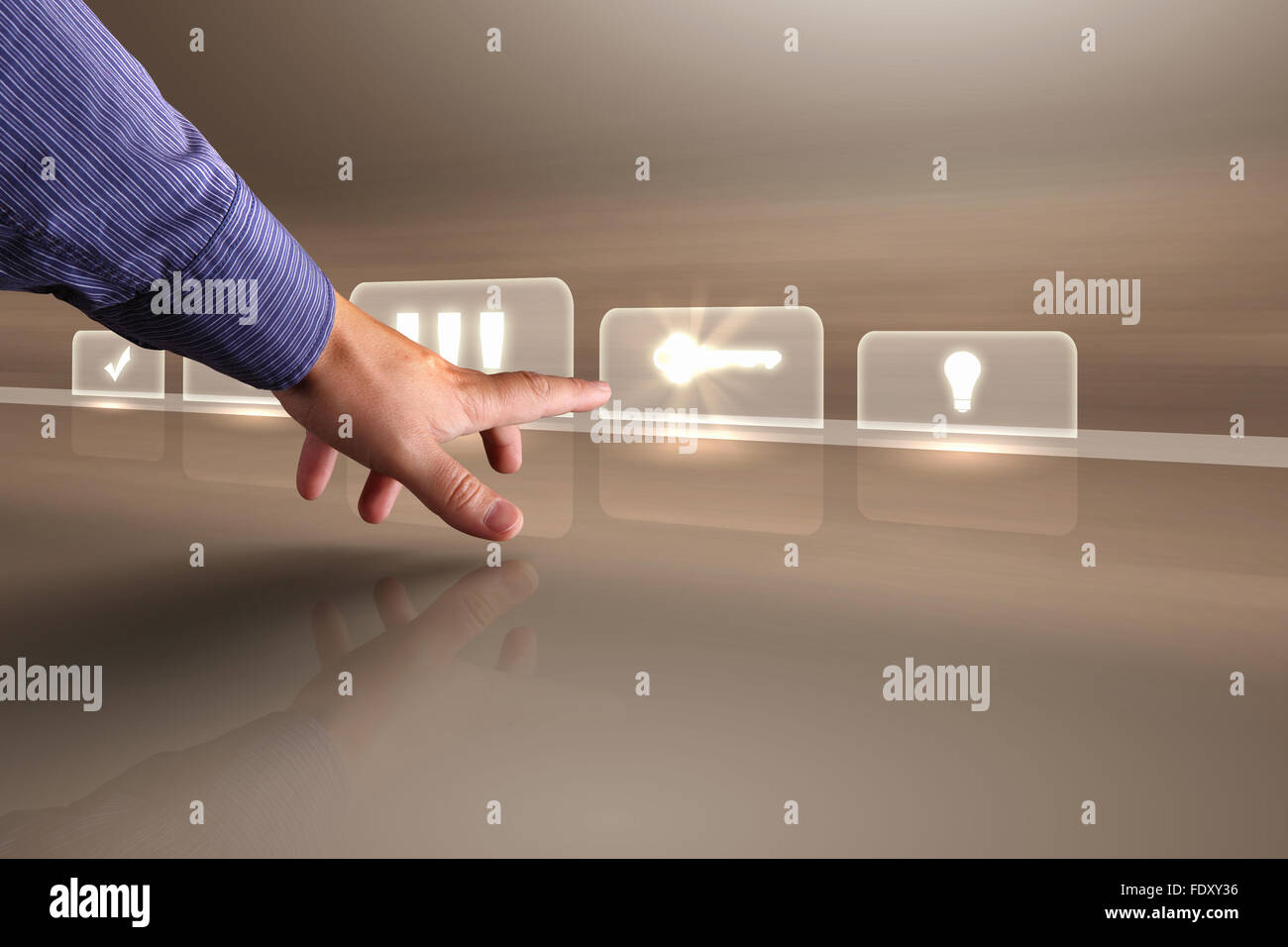 Human hand touching screen with buttons on it Stock Photo - Alamy