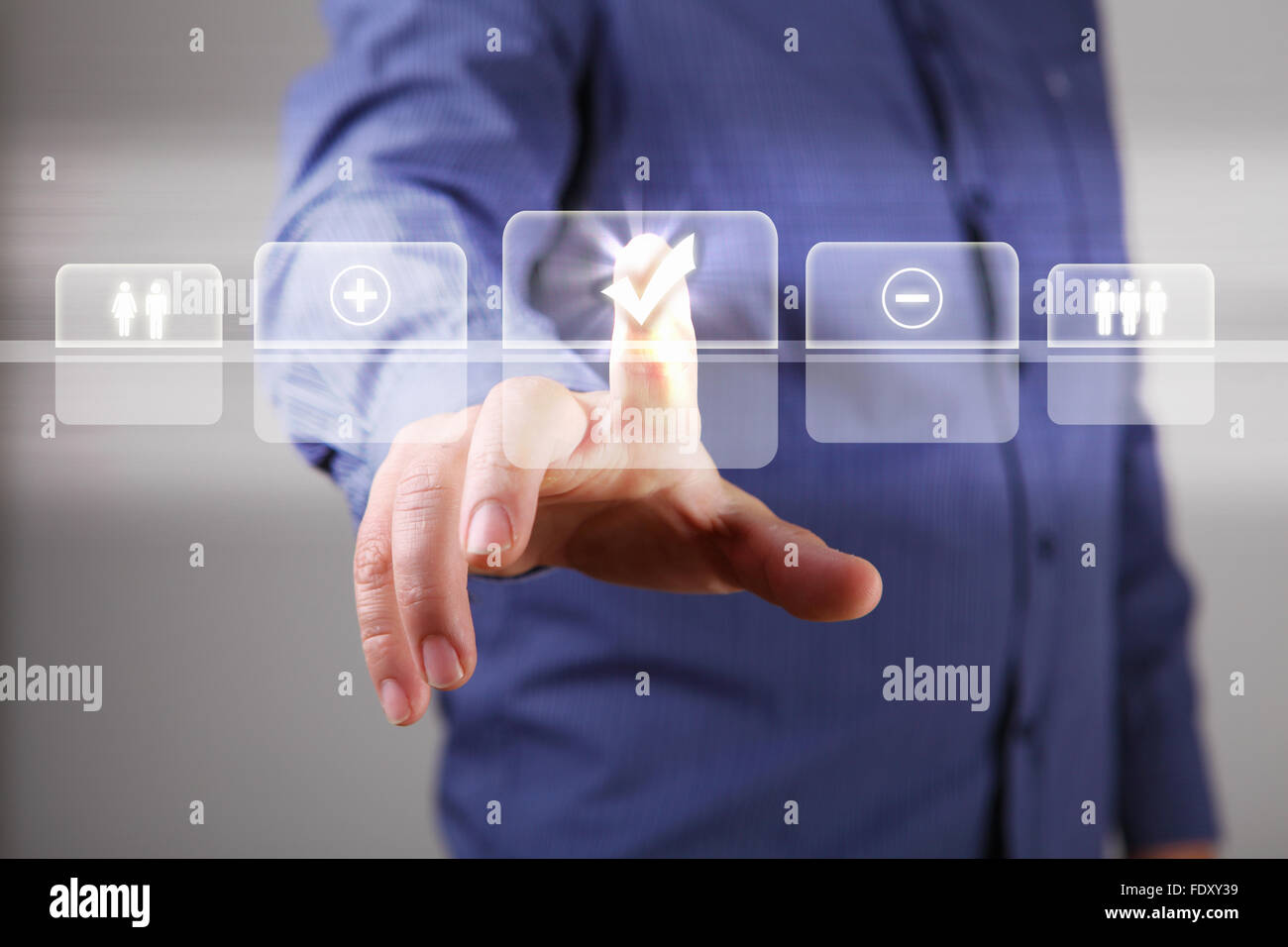 Human hand touching screen with buttons on it Stock Photo - Alamy