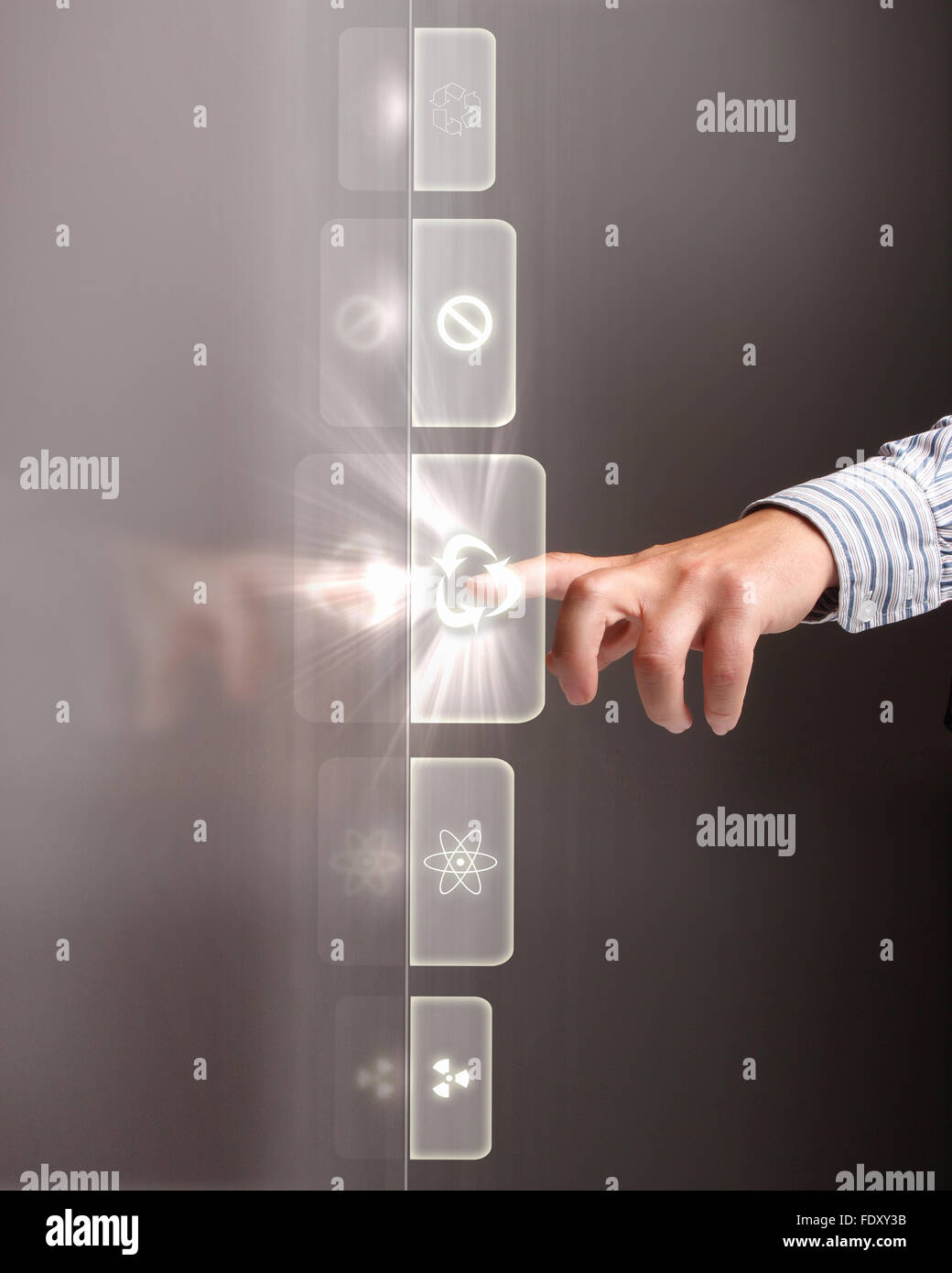 Human hand touching screen with buttons on it Stock Photo - Alamy