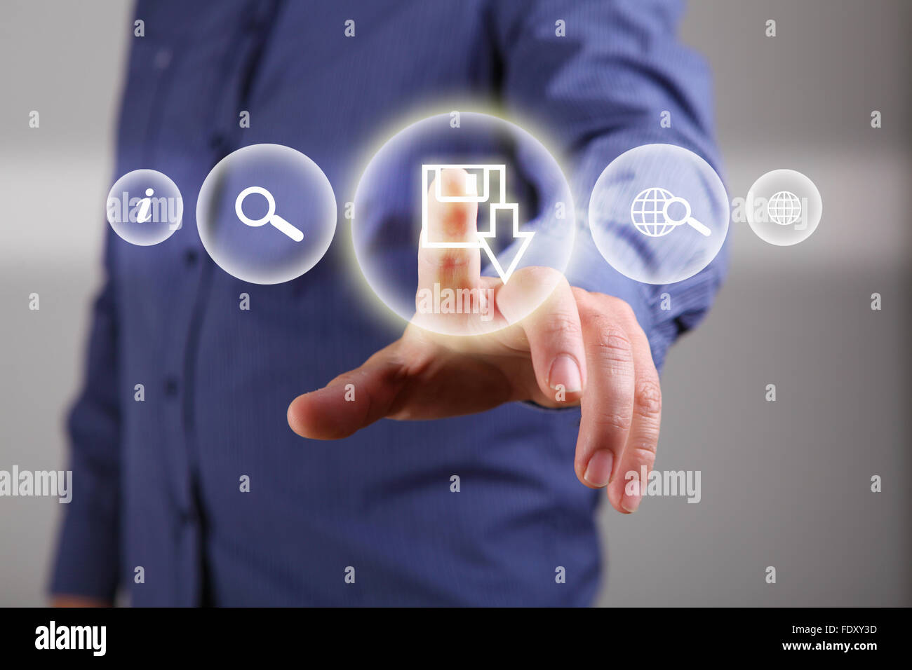 Human hand touching screen with buttons on it Stock Photo - Alamy